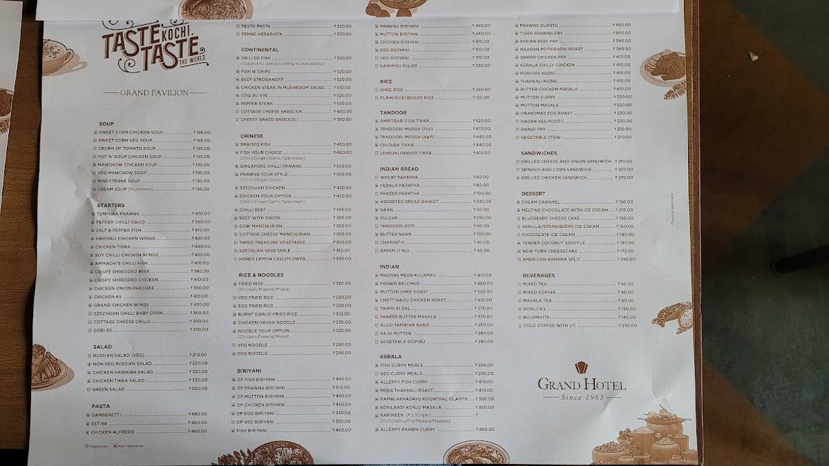Menu at Grand Pavilion, Kochi, Mahatma Gandhi Rd