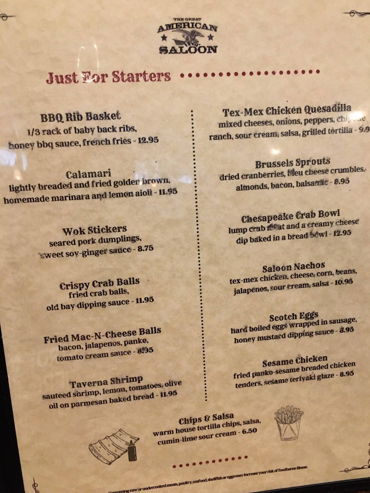 Menu at Great American Saloon steakhouse, Red Lion