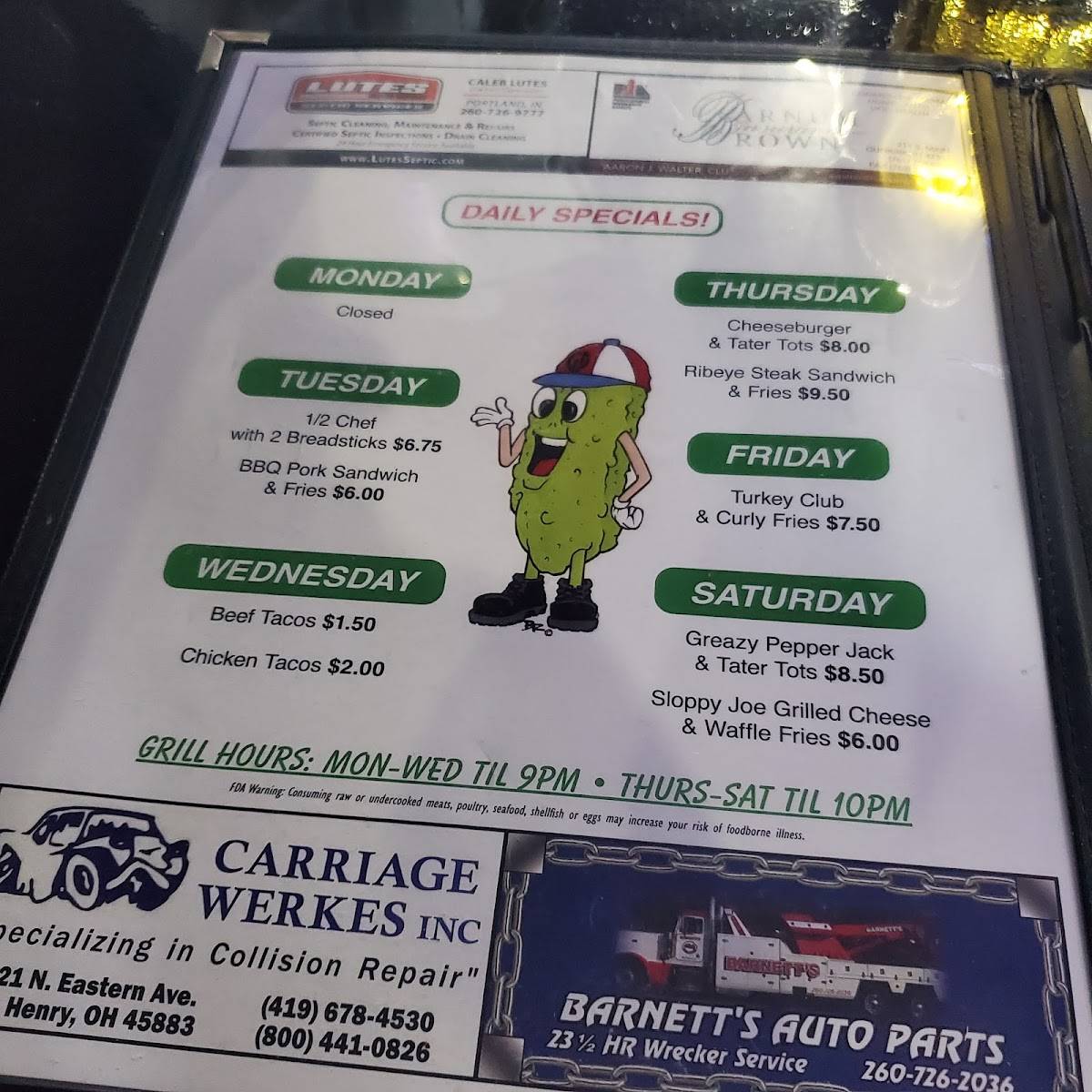 Menu at Greazy Pickle pub & bar, Portland