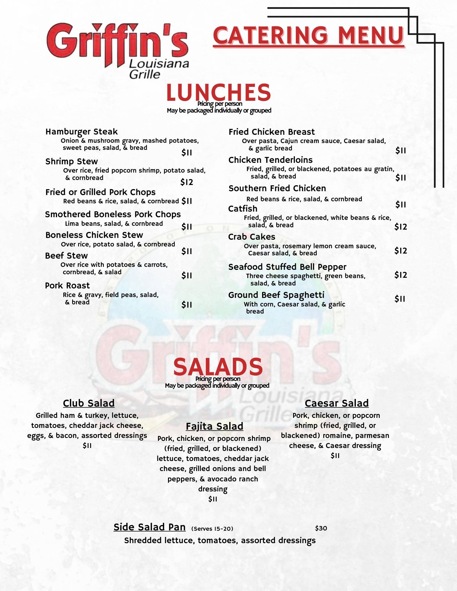 Menu at Griffin's Poboy and Grille restaurant, Houma