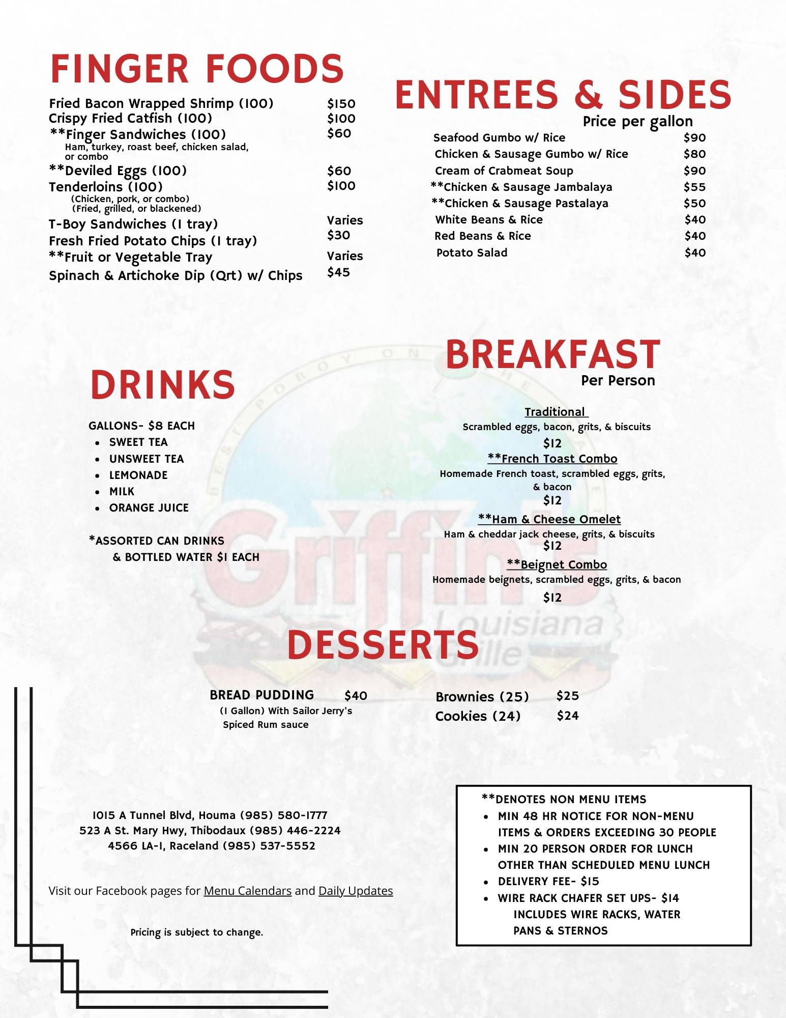 Menu at Griffin's Poboy and Grille restaurant, Houma