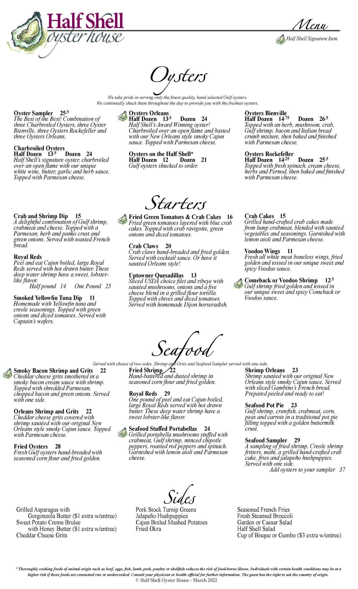 Menu at Half Shell Oyster House restaurant, Gulfport