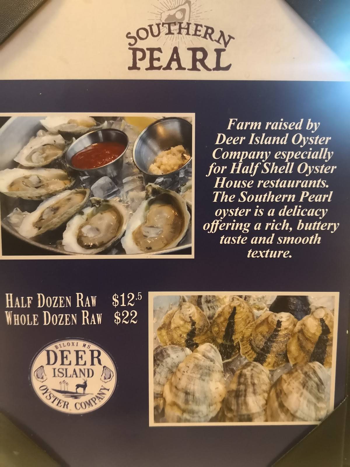Menu at Half Shell Oyster House restaurant, Gulfport