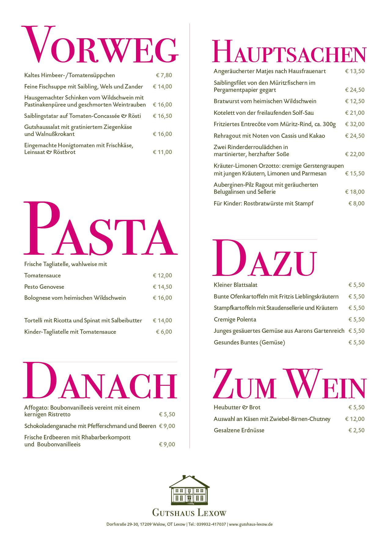 Menu at Gutshaus Lexow, Walow