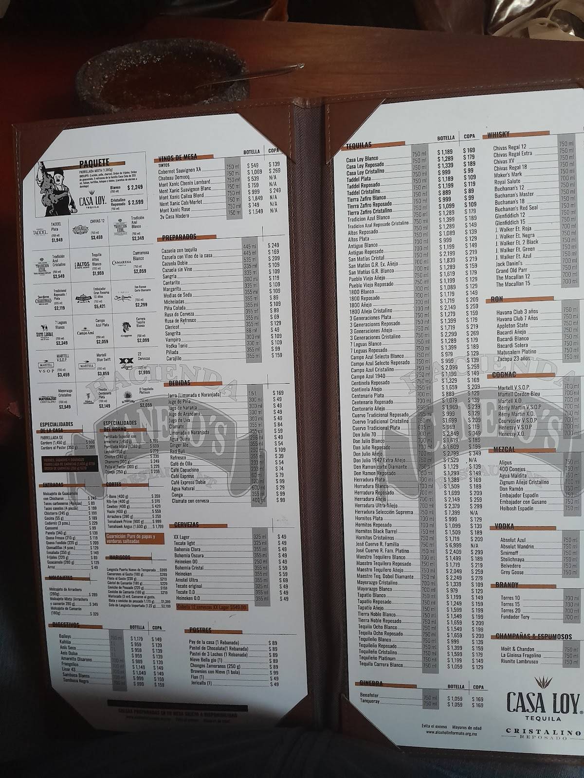 Menu at Hacienda Canelos restaurant, Zapopan