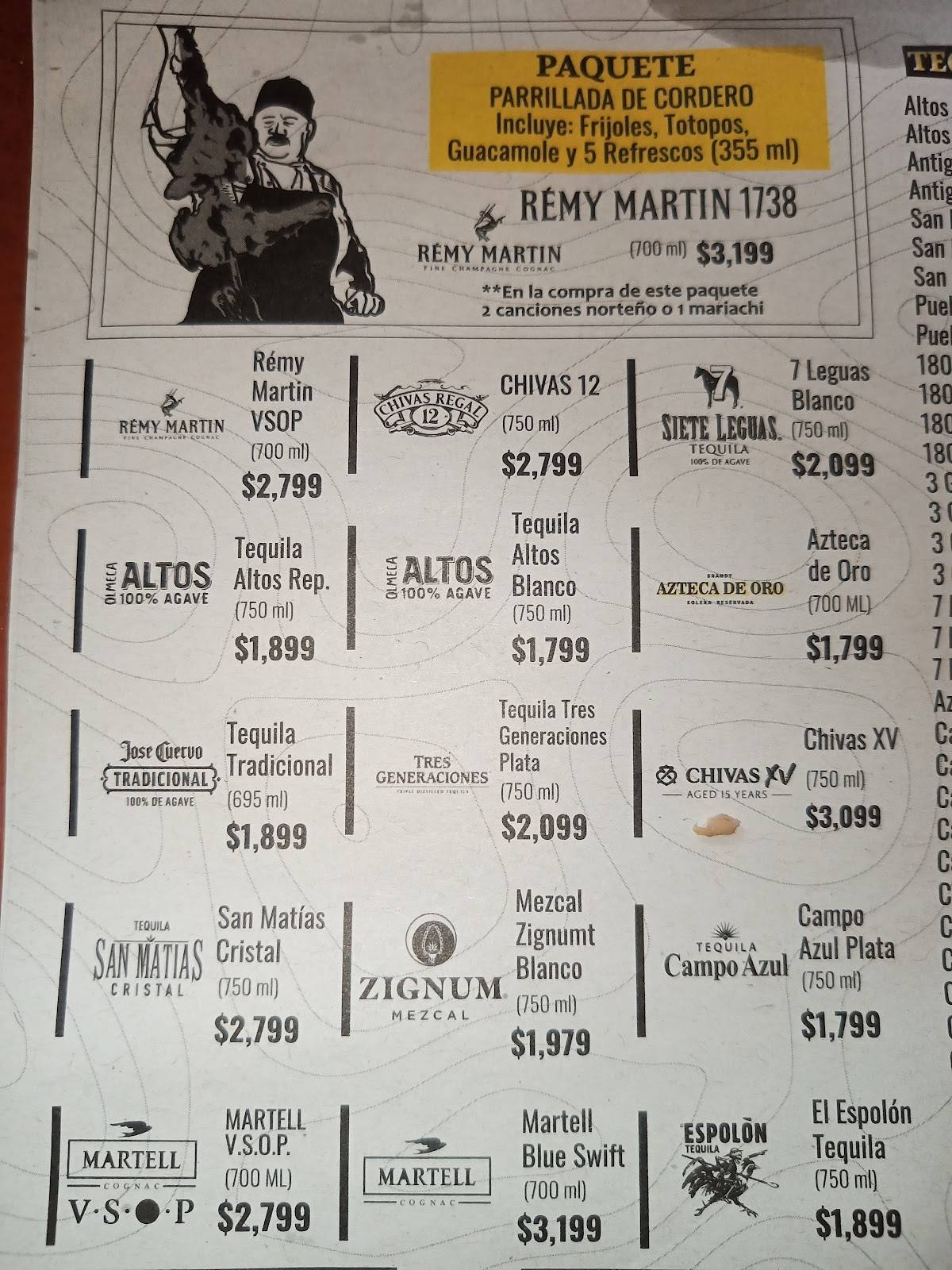 Menu at Hacienda Canelos restaurant, Zapopan