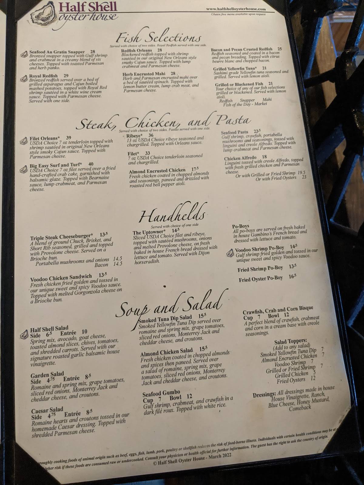 Menu at Half Shell Oyster House restaurant, Gulfport