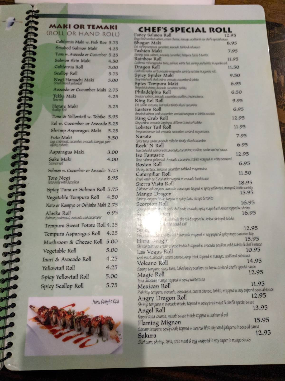 Menu at Hana Tokyo restaurant, Sierra Vista