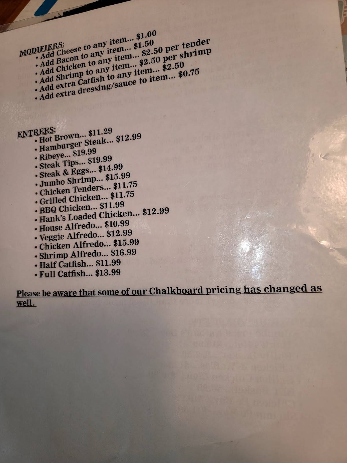 Menu at Hanks Family Diner restaurant, Hohenwald