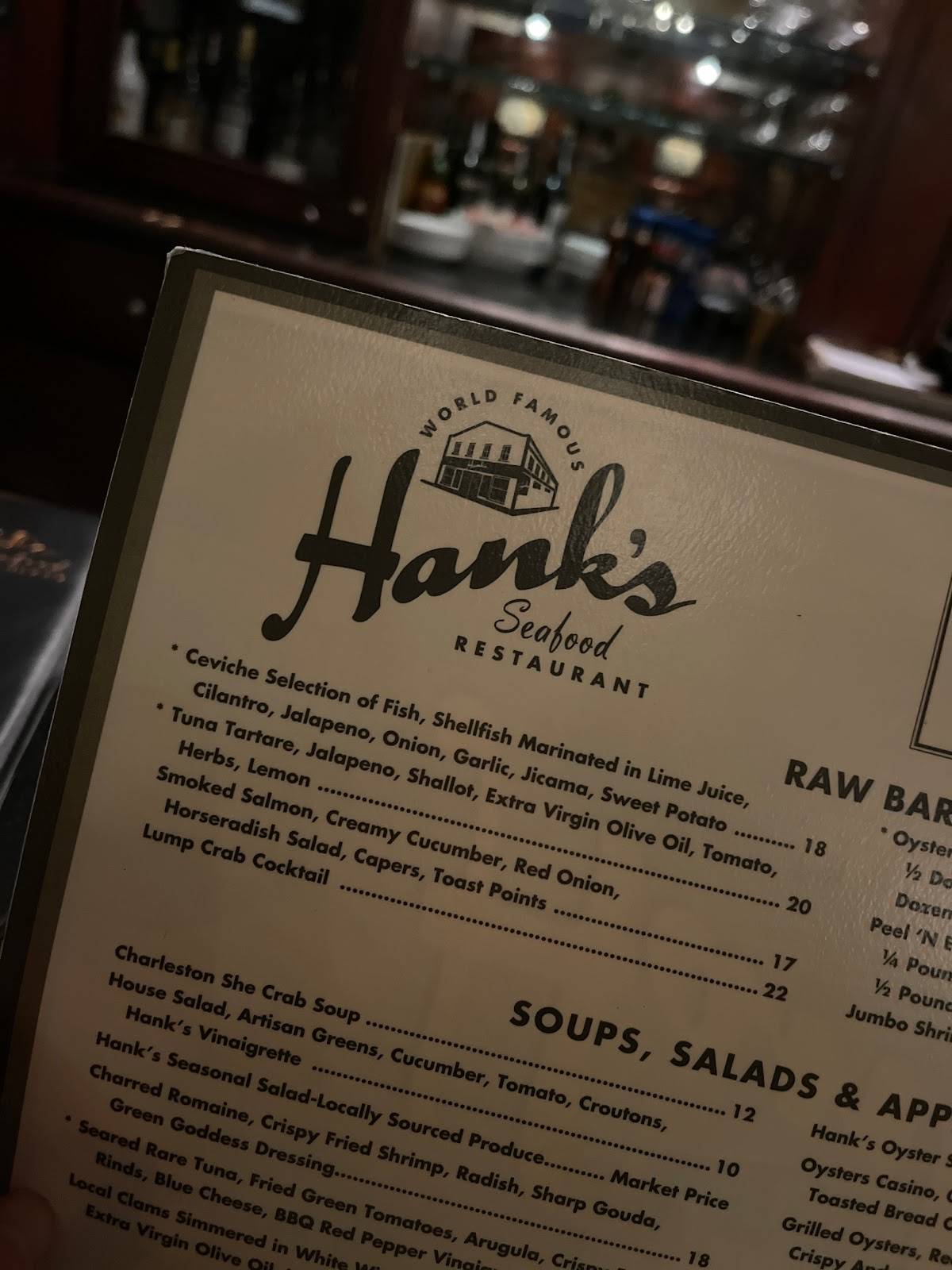 Menu at Hank's Seafood Restaurant, Charleston