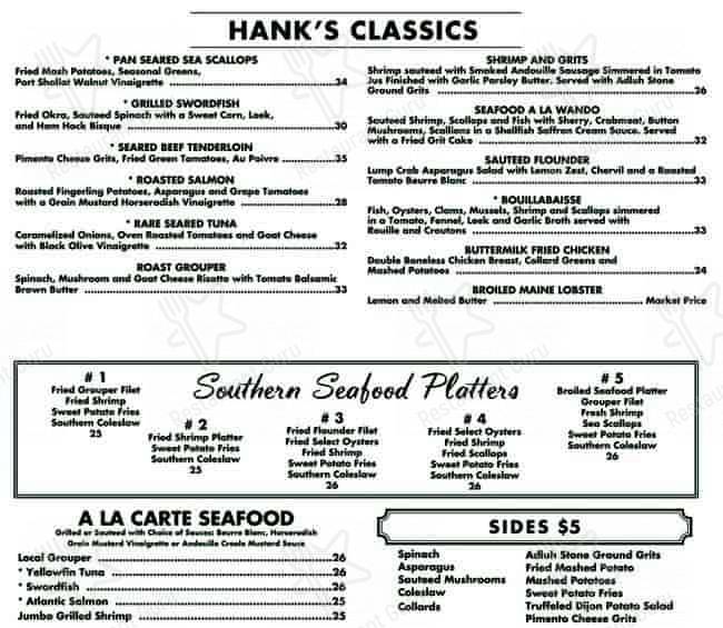 Menu at Hank's Seafood Restaurant, Charleston