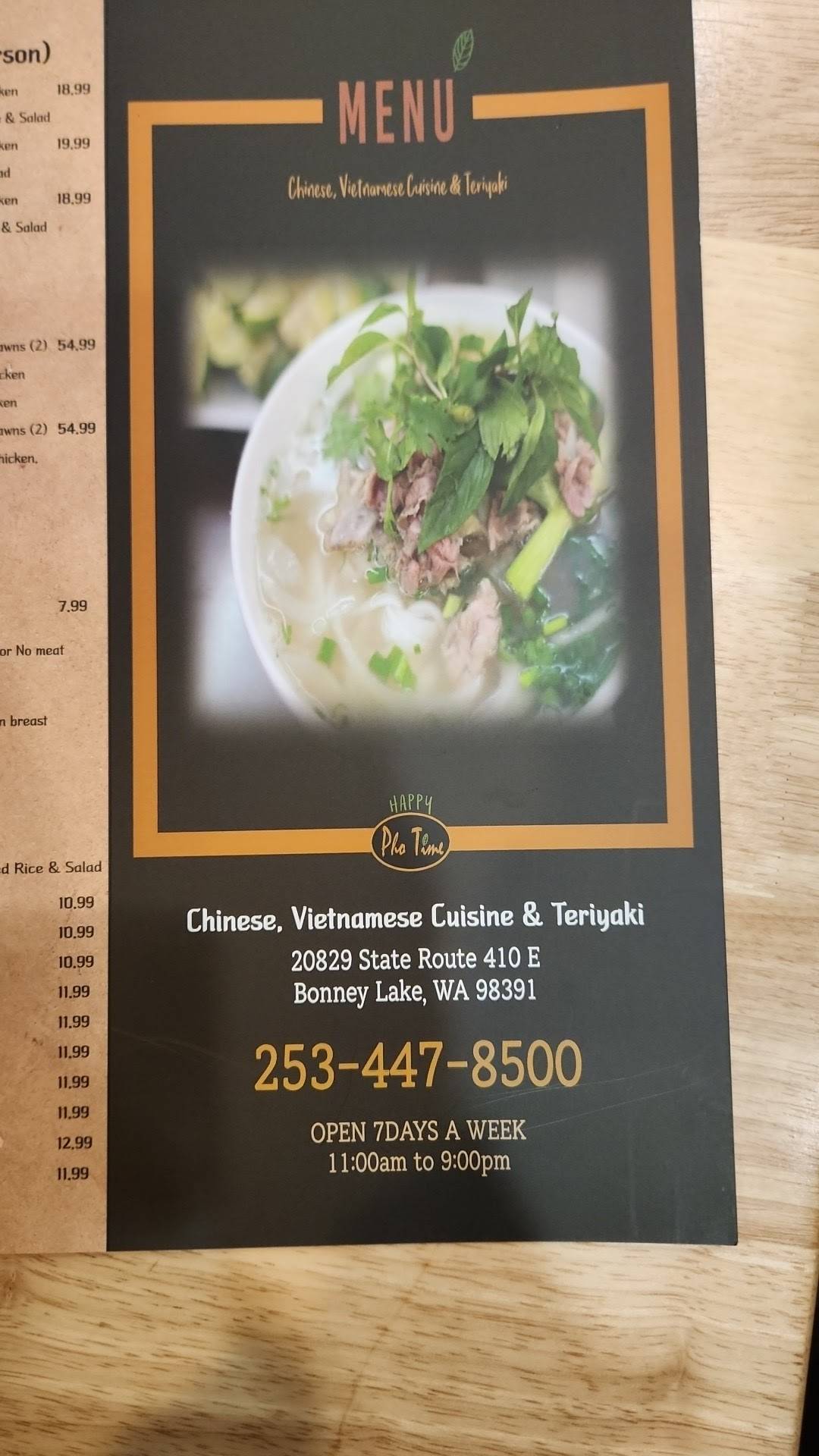 Menu at Happy Pho Time restaurant, Bonney Lake