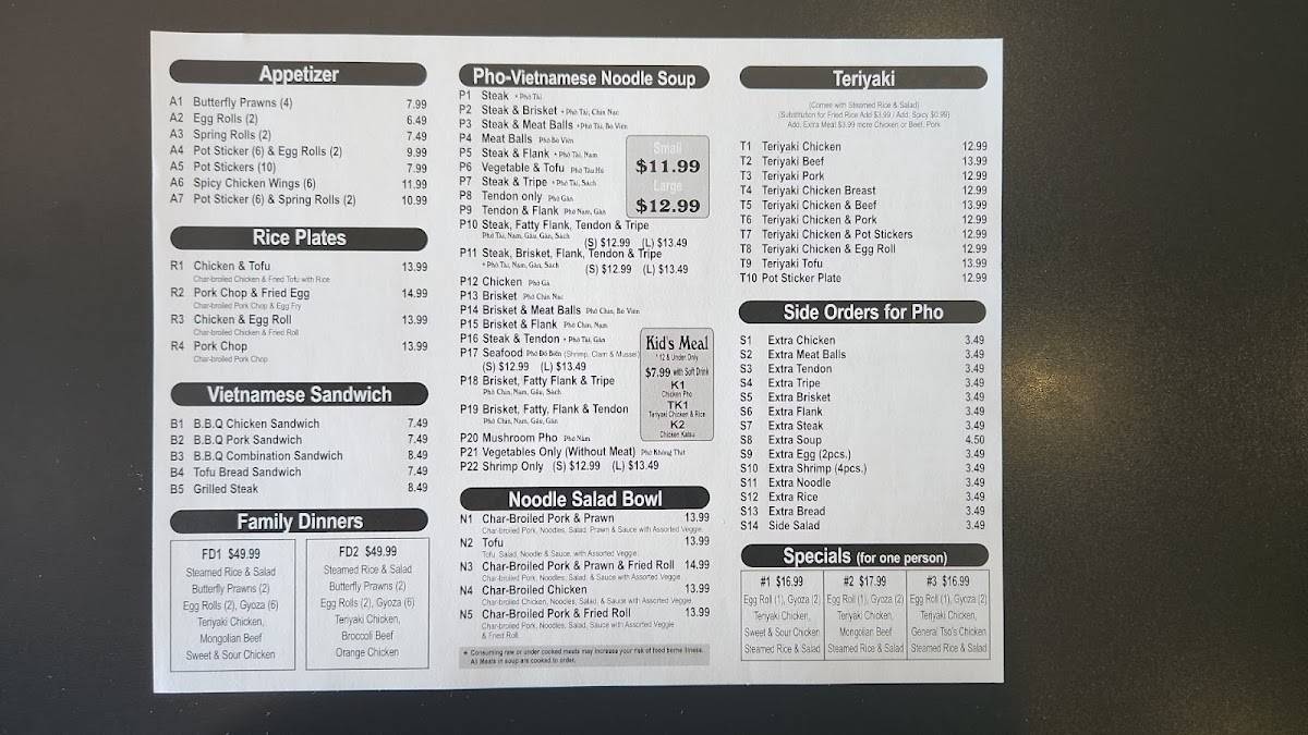Menu at Happy Pho Time restaurant, Bonney Lake