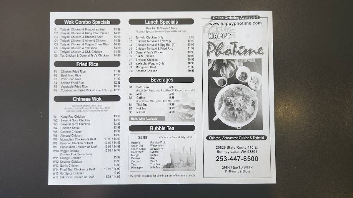 Menu at Happy Pho Time restaurant, Bonney Lake