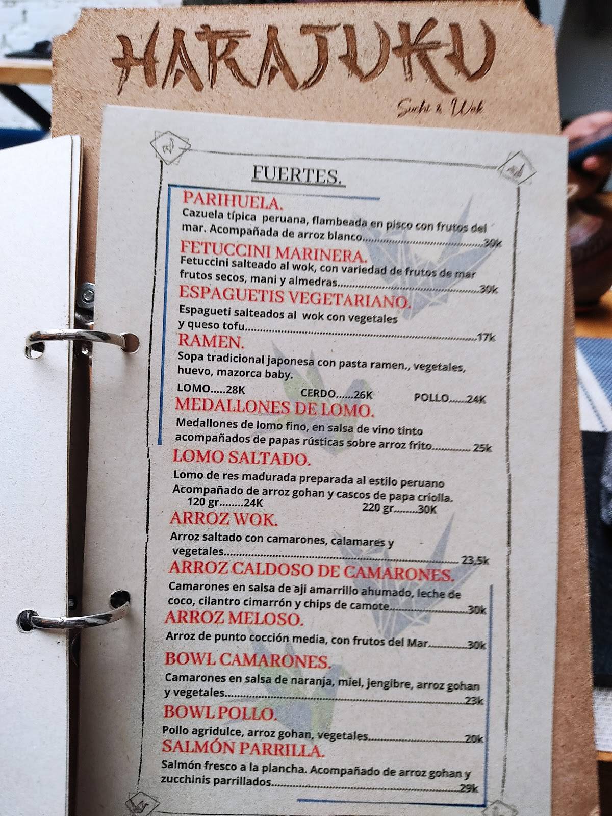 Carta del restaurante Harajuku cocina nikkei, Bogotá
