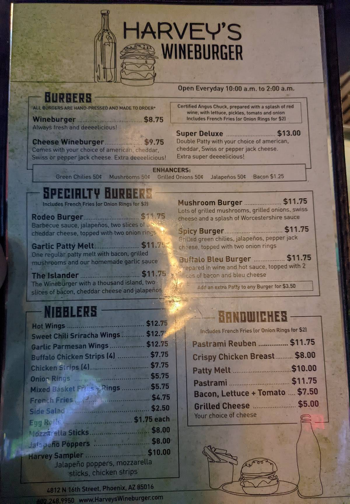 Menu at Harvey's Wineburger pub & bar, Phoenix