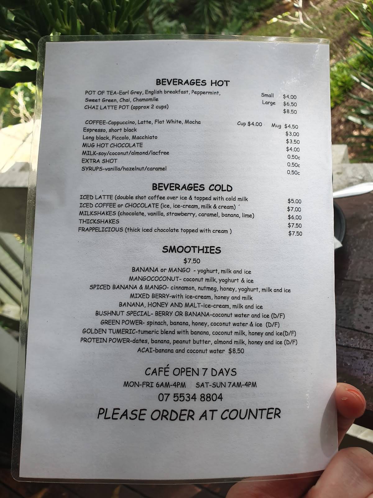 Menu at Heritage Hideaway Cafe, Tallebudgera