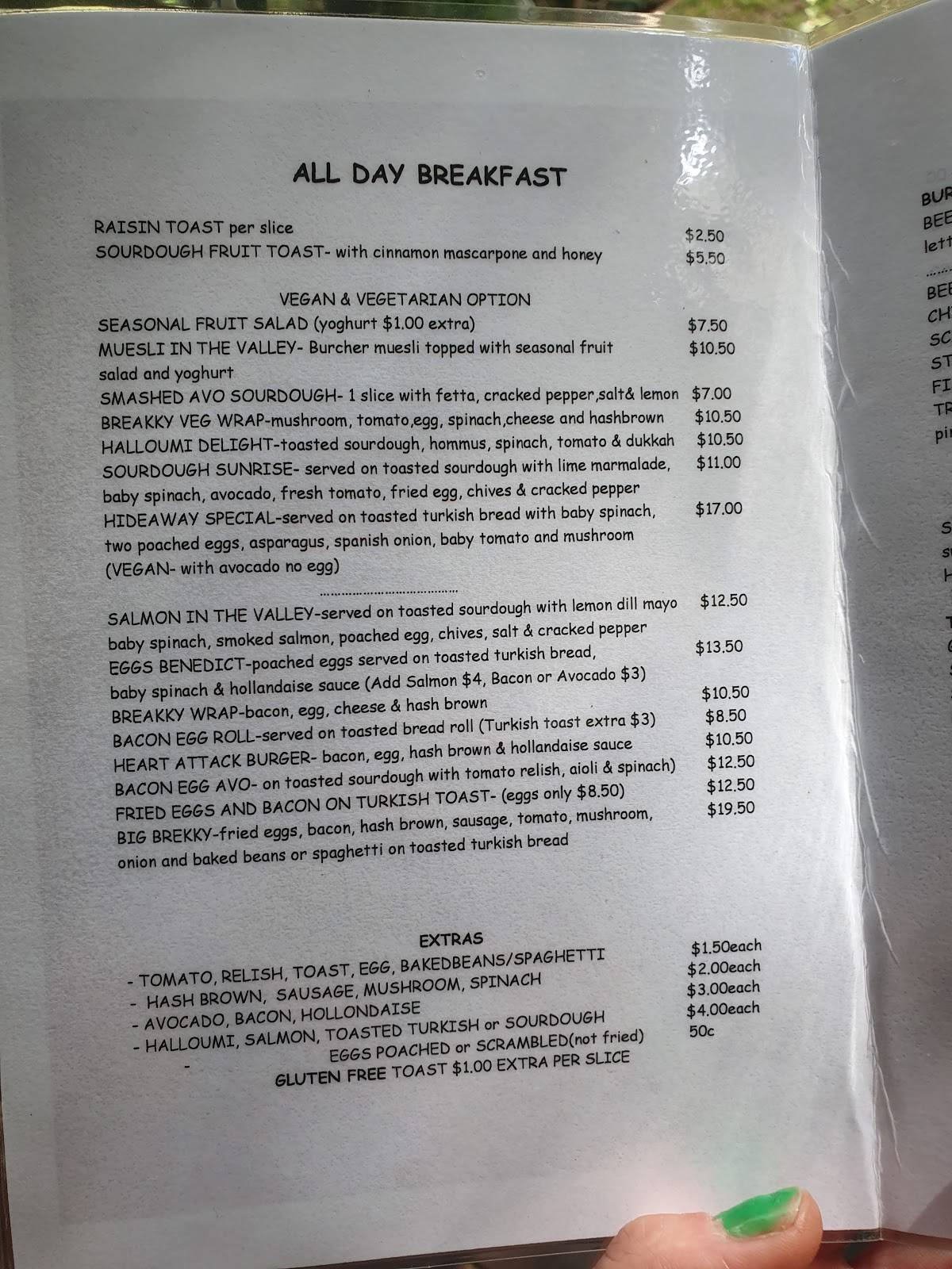Menu at Heritage Hideaway Cafe, Tallebudgera