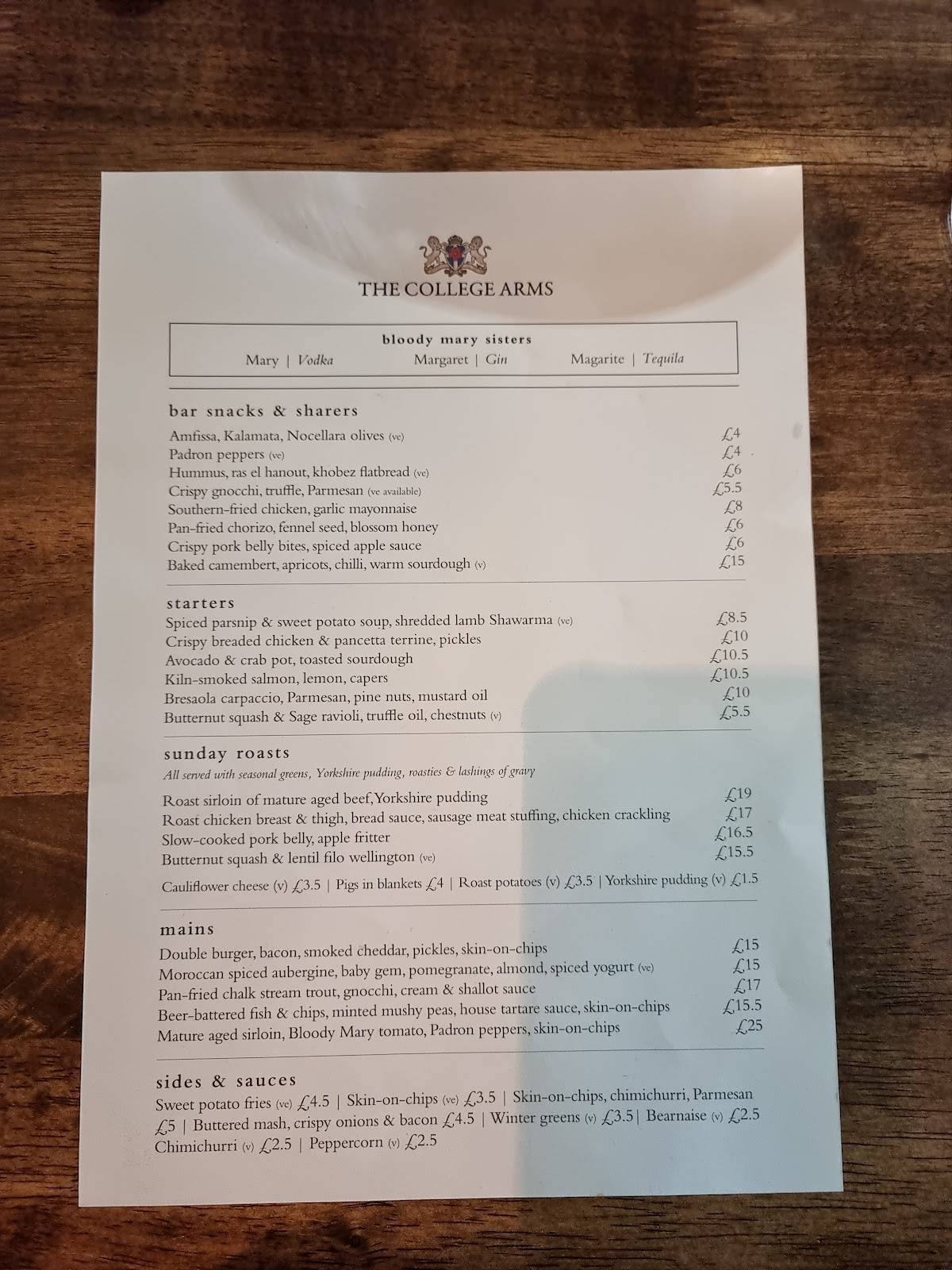 Menu at College Arms pub & bar, Hertford