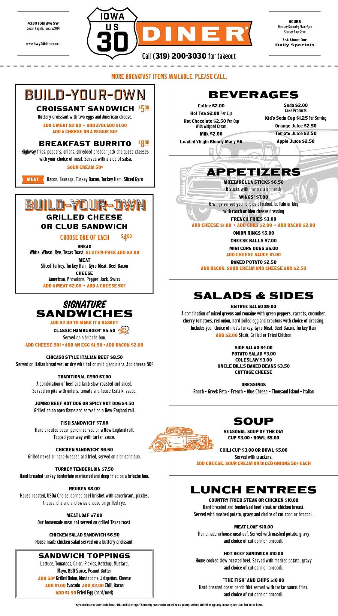 Menu at Highway 30 Diner restaurant, Cedar Rapids