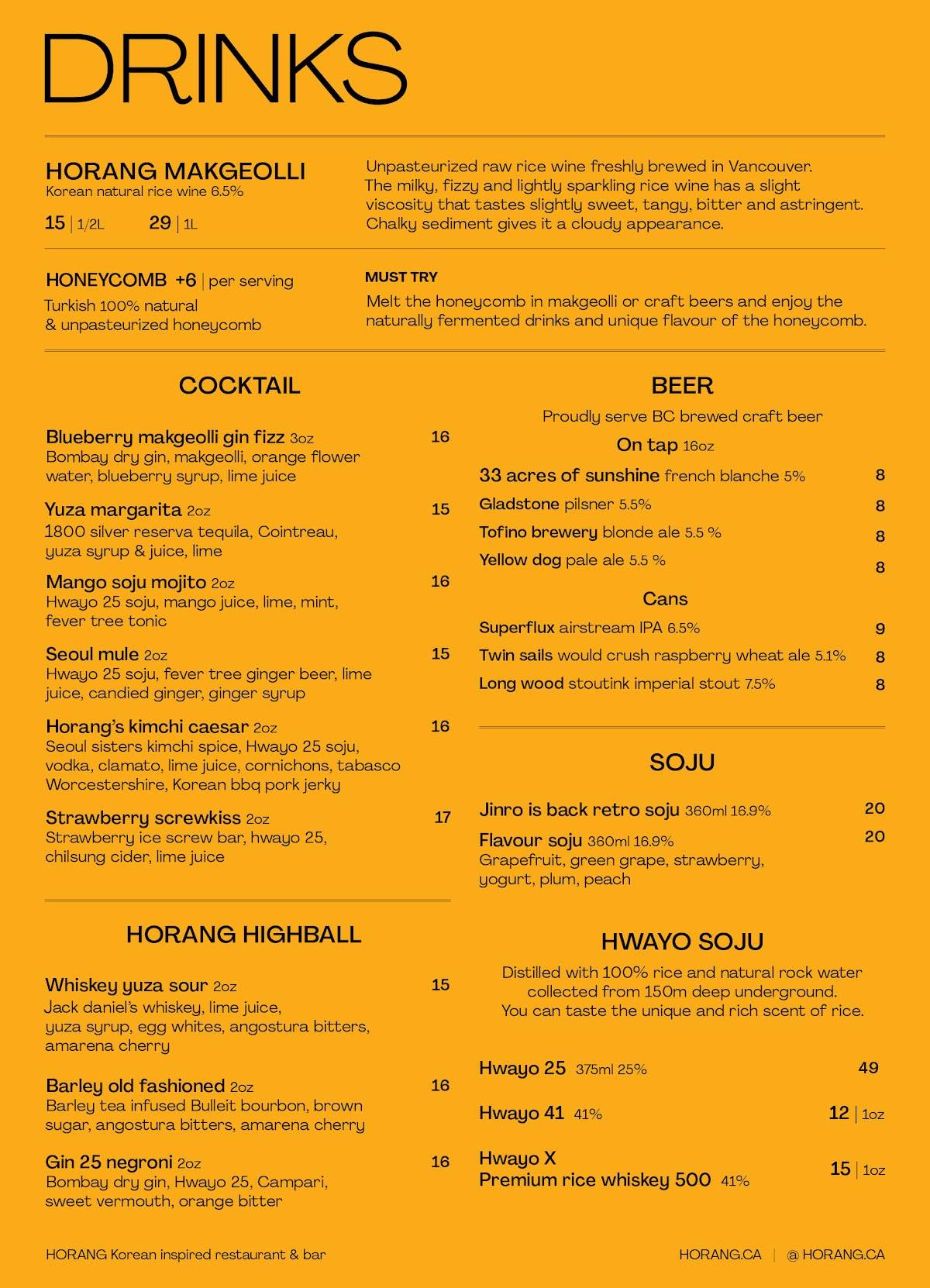 Menu at Horang Korean inspired restaurant & bar, Nanaimo