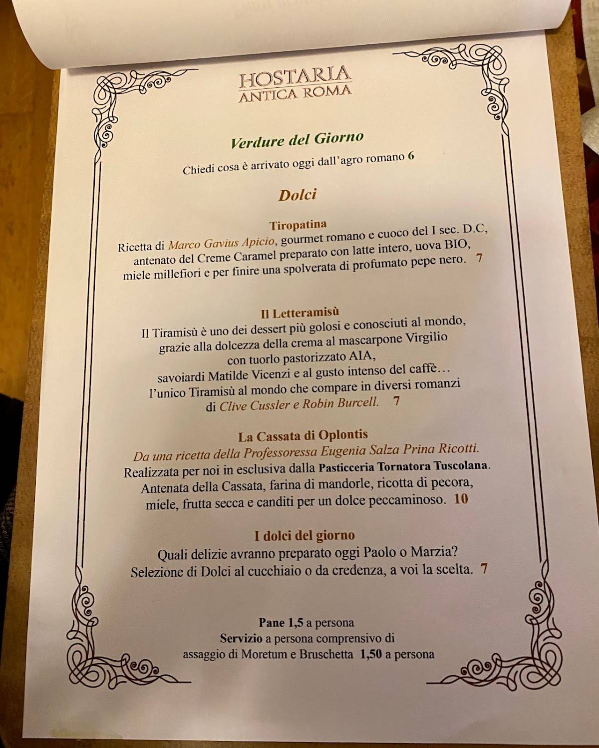 Menu at Hostaria Antica Roma restaurant, Rome, Via Appia Antica