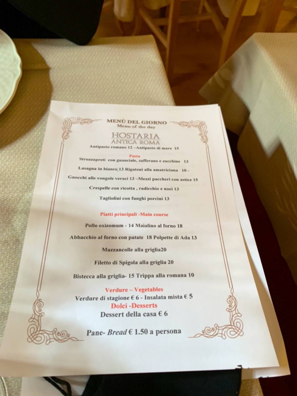 Menu at Hostaria Antica Roma restaurant, Rome, Via Appia Antica