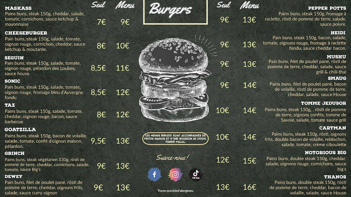 Menu au House Burger restaurant, Alès