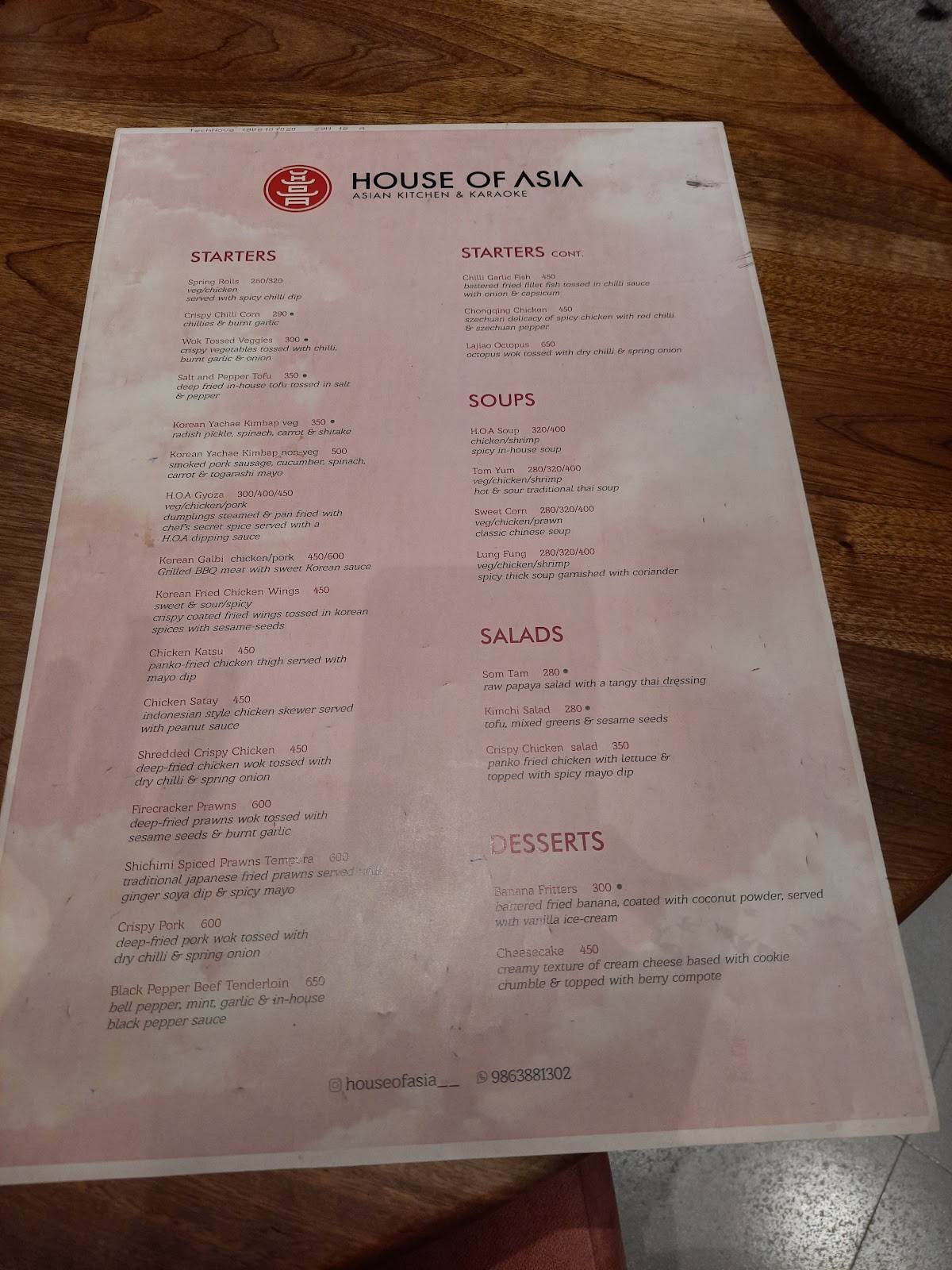 Menu at House of Asia, Dimapur