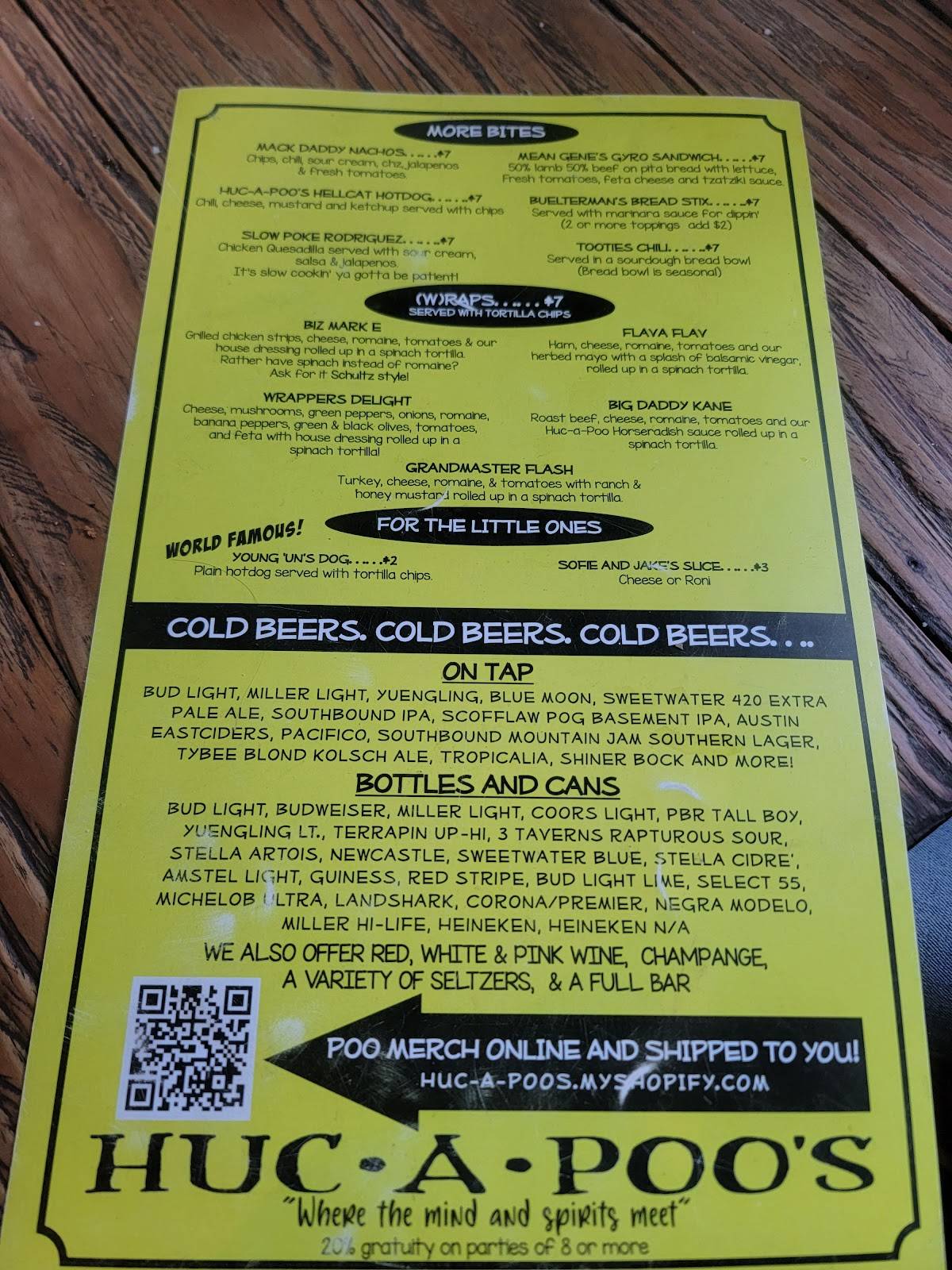 Menu at Huc-A-Poos Bites and Booze pub & bar, Tybee Island