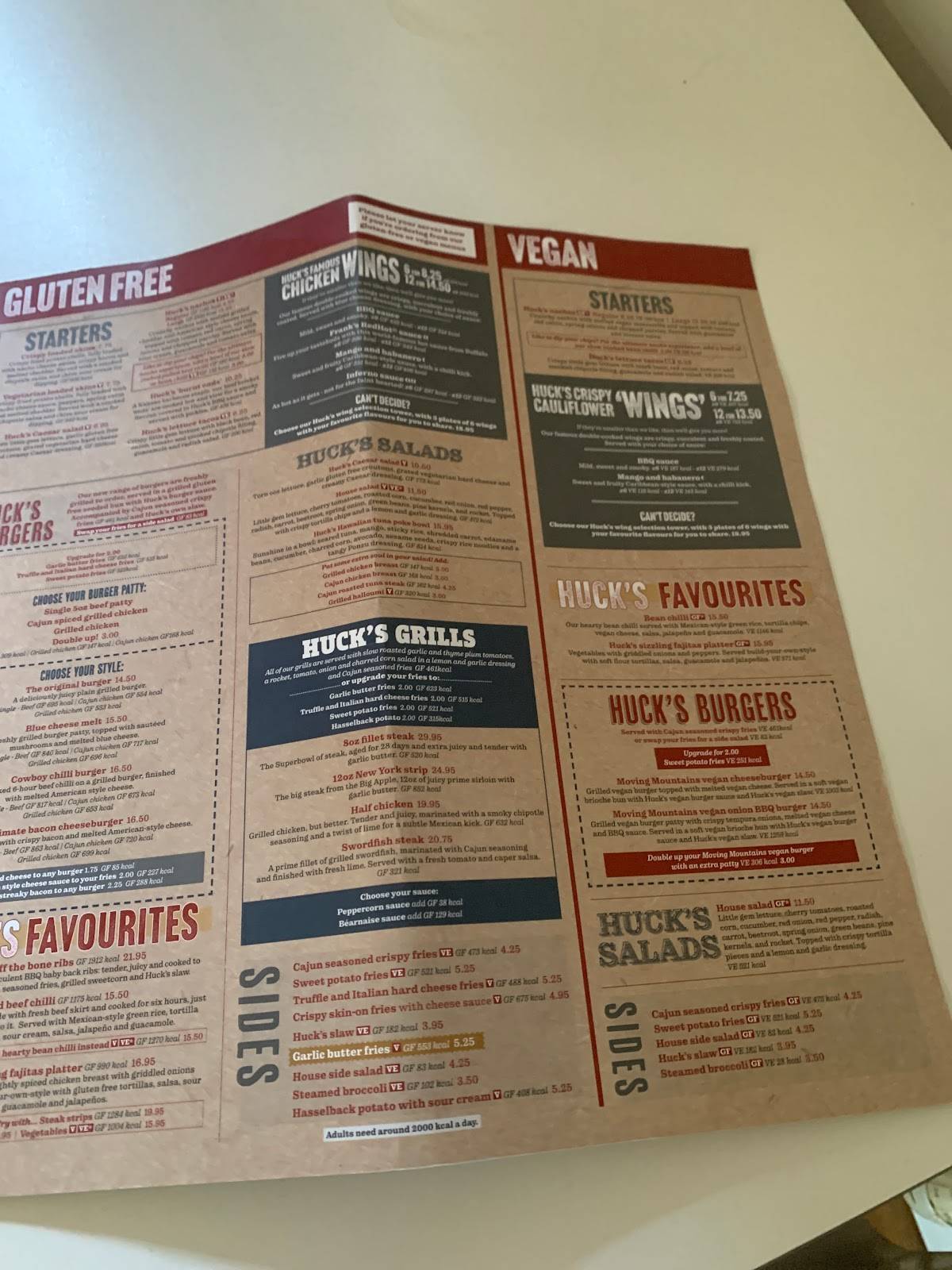 Menu at Huck's restaurant, Elveden