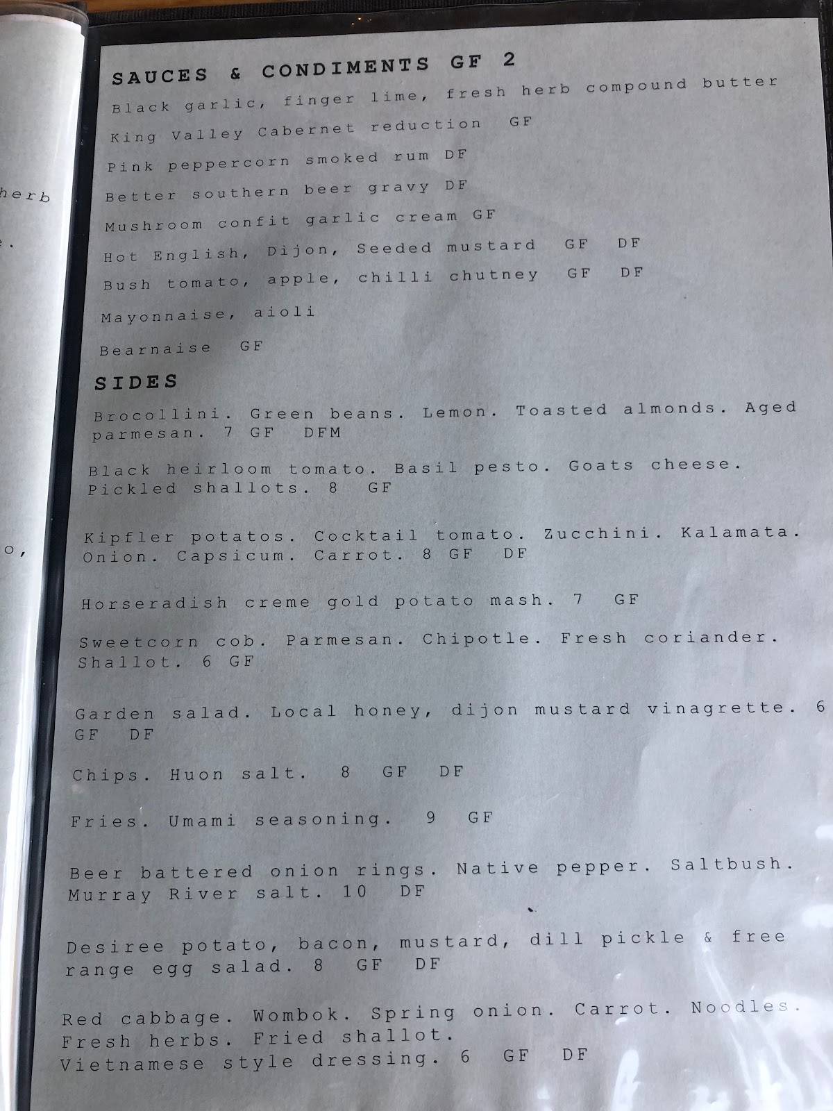 Menu at Huon Hill restaurant, Wodonga