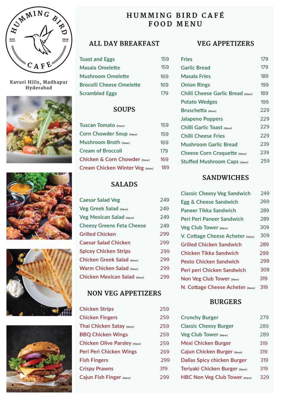 Menu at Humming Bird Cafe, Hyderabad