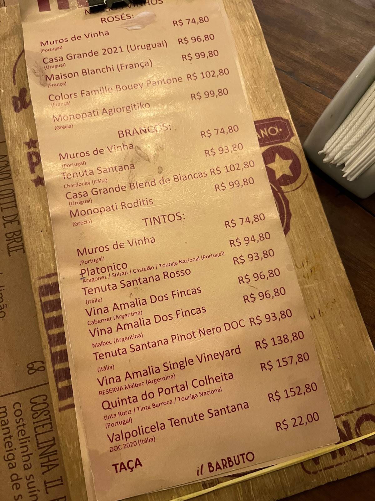 Menu em Il Barbuto, Curitiba
