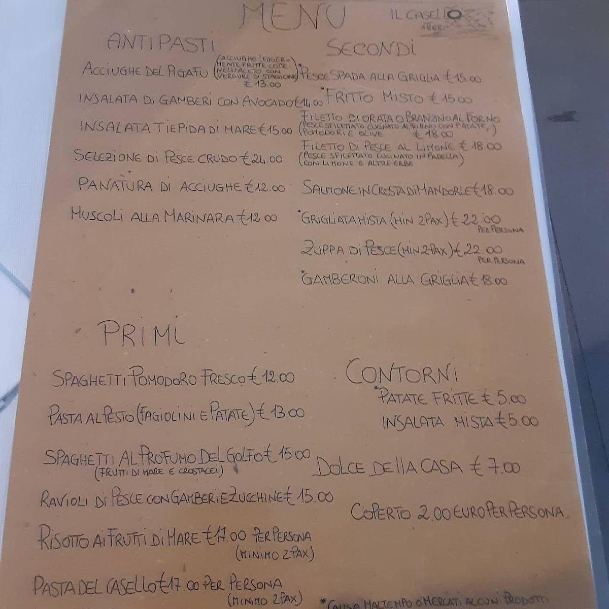 Menu da Il Casello ristorante, Monterosso al Mare, Lungomare Ferrovia casello