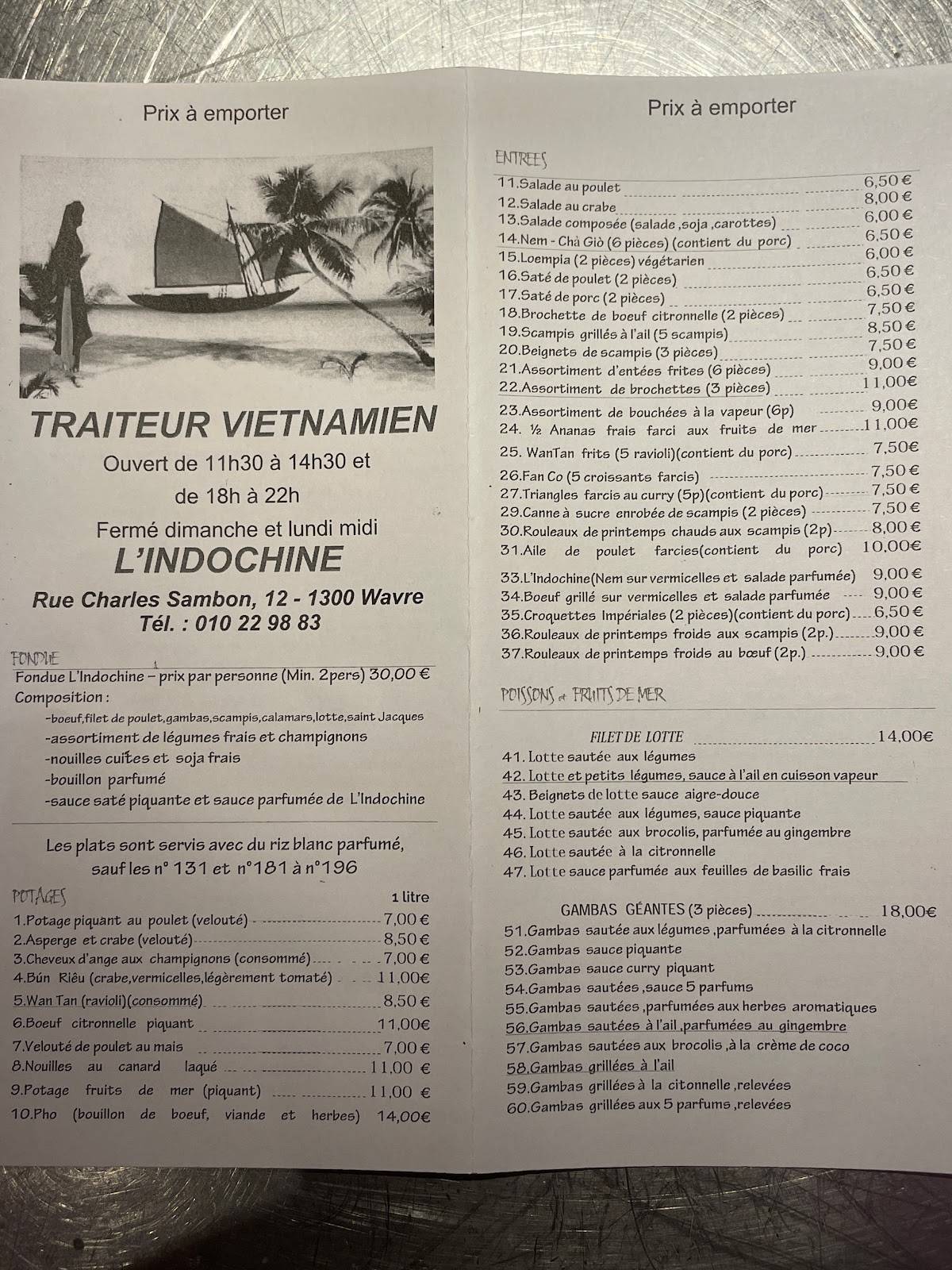 Menu au L'Indochine, Wavre