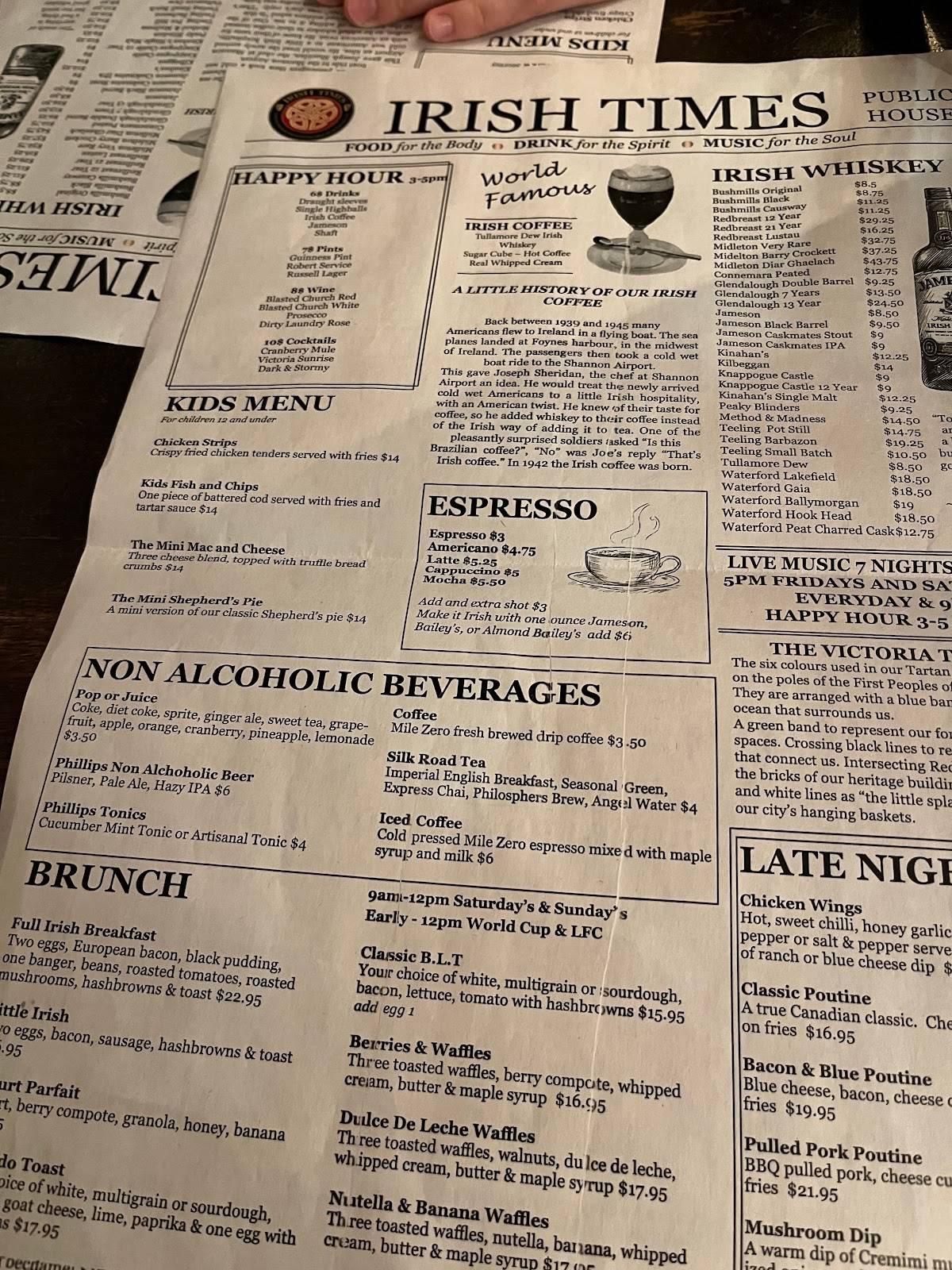 Menu at Irish Times Pub, Victoria, Government St