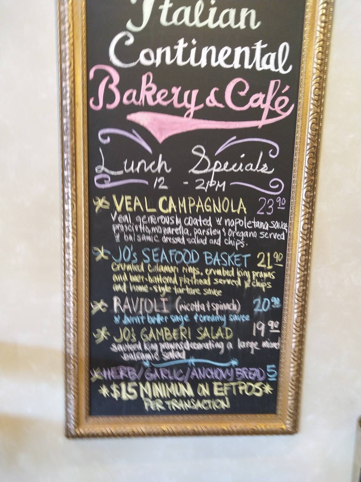 Menu at Italian Continental Bakery, Mawson