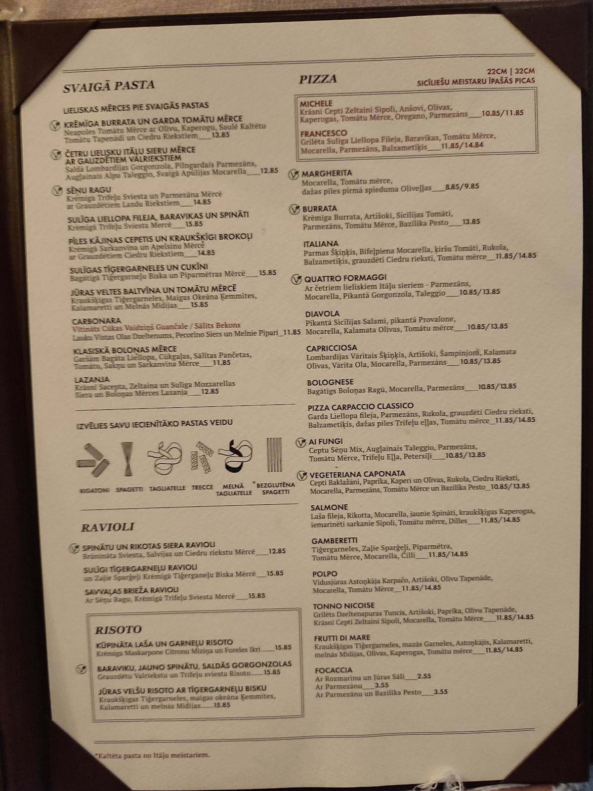 Menu at Italissimo restaurant, Riga