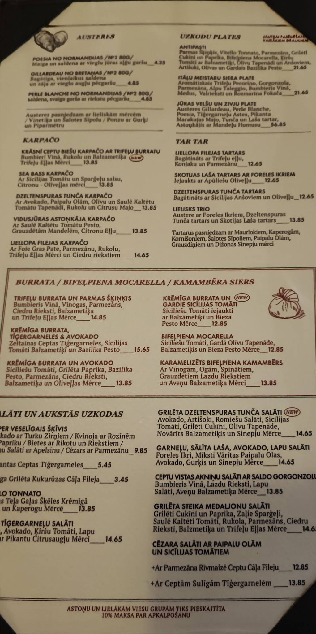 Menu at Italissimo restaurant, Riga