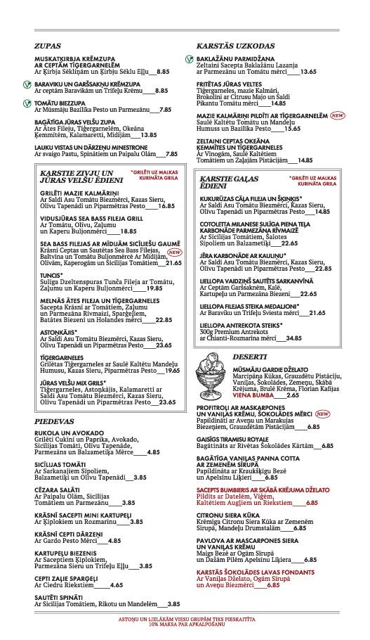 Menu at Italissimo restaurant, Riga