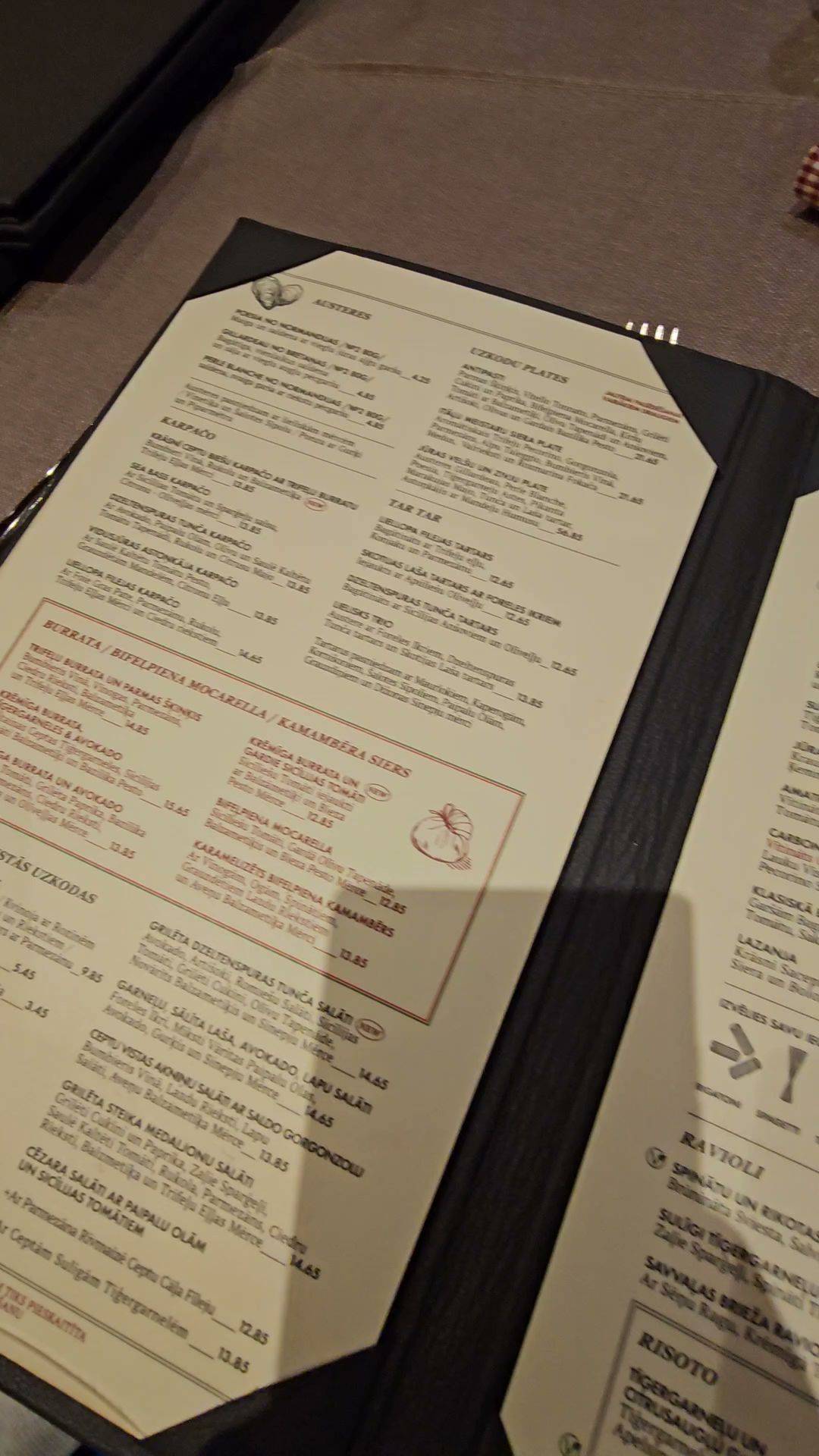 Menu at Italissimo restaurant, Riga