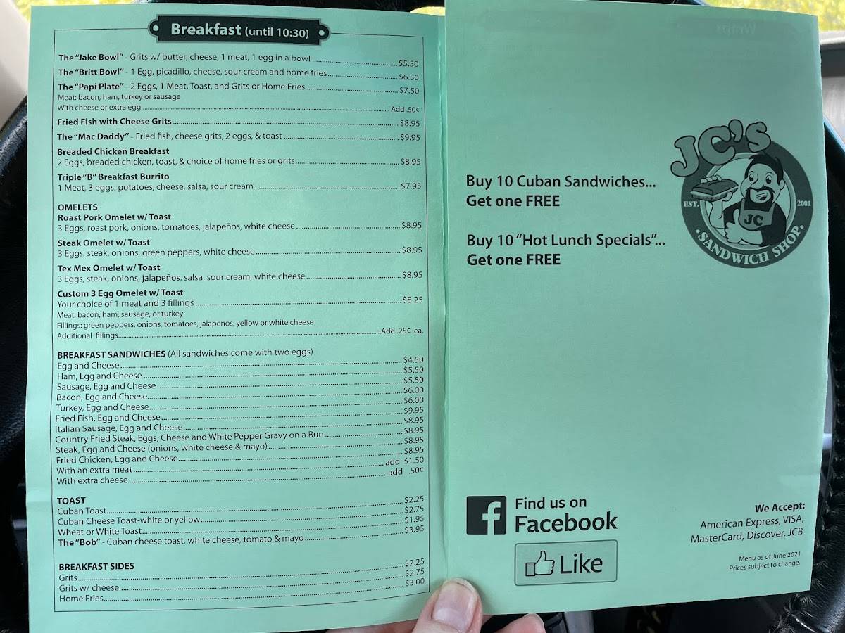Menu at JC's Sandwich Shop restaurant, Tampa