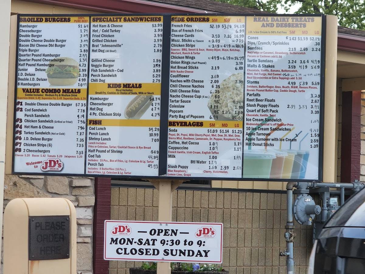 Menu at JD's Drive-In fast food, Appleton