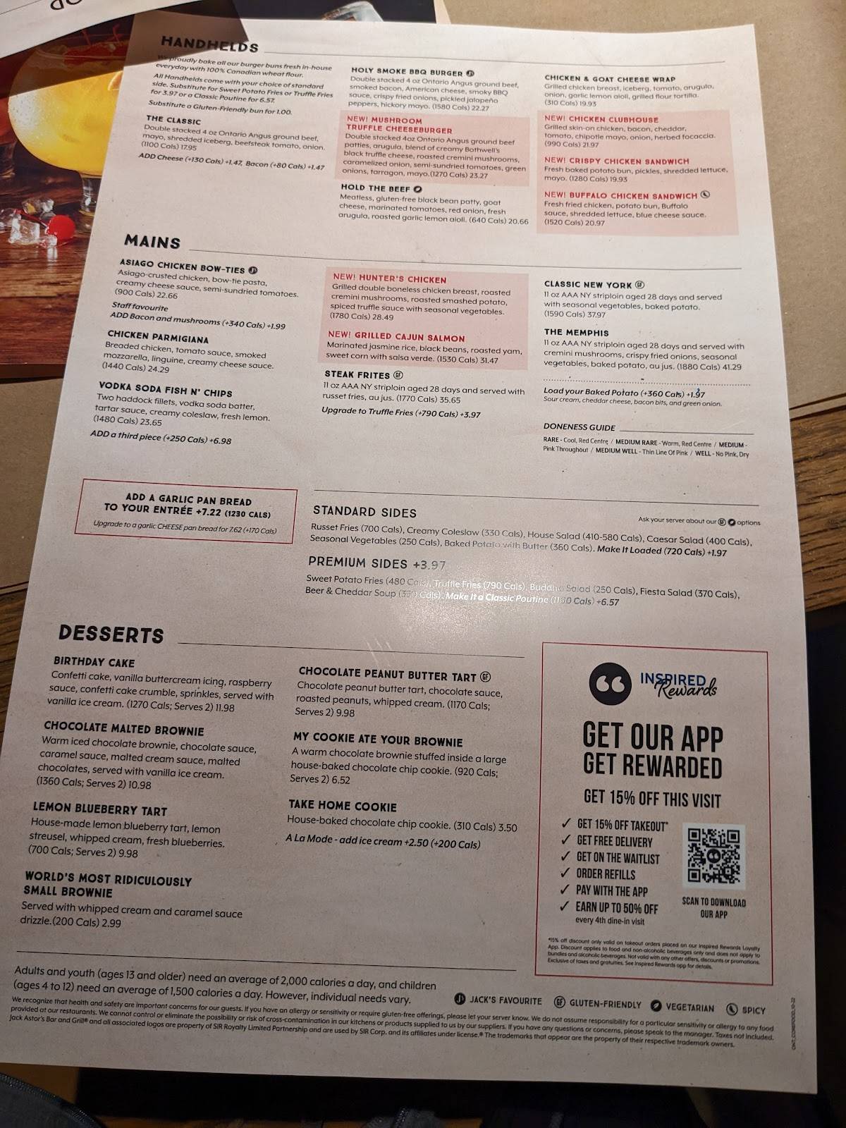 Menu au Jack Astor's Bar & Grill Yonge & Bloor, Toronto, 2 Bloor St E