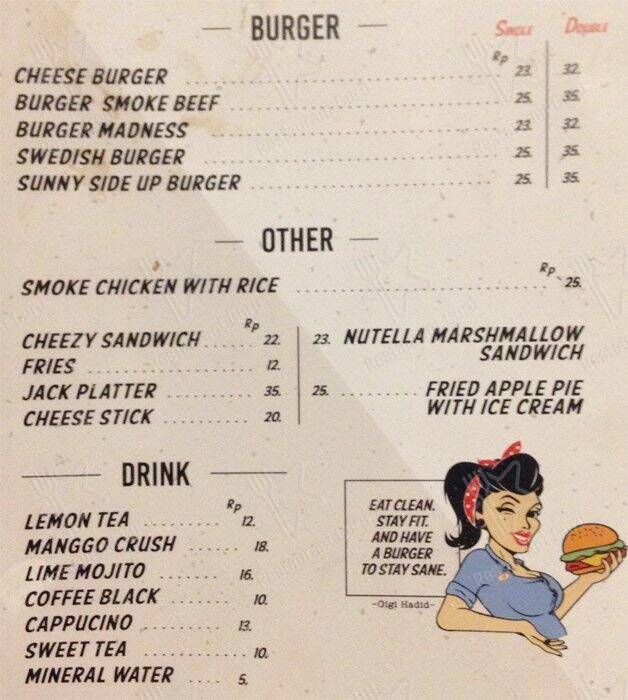 Menu at Jack Diamond restaurant, Bandung