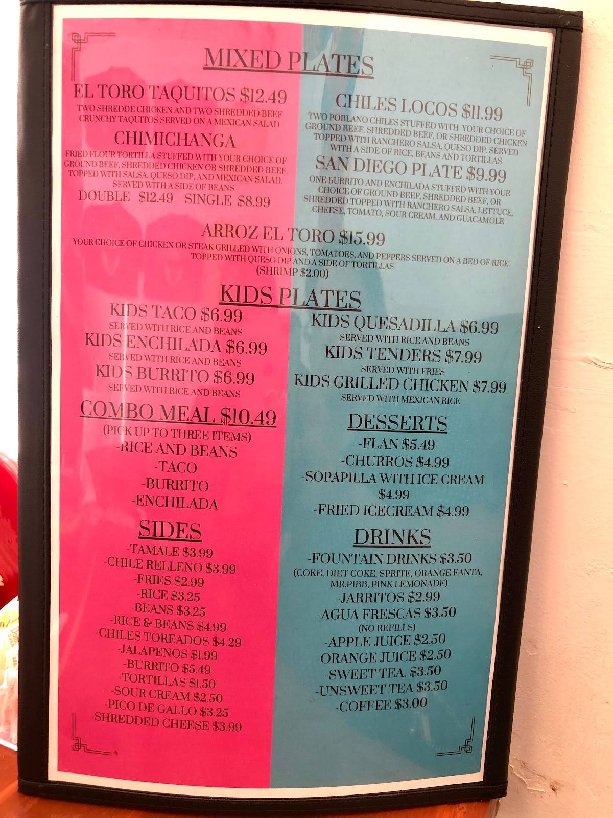 Menu at El Toro Mexican Grill restaurant, Baldwin
