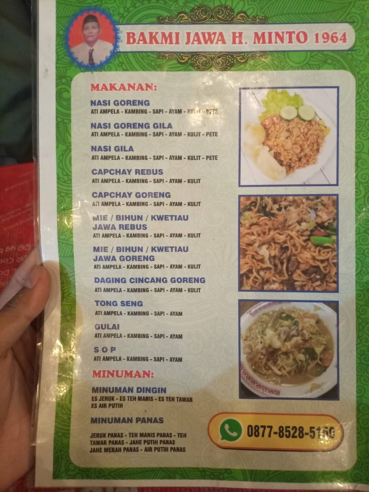 Menu at Javanese Noodles Mr. Minto restaurant, Central Jakarta