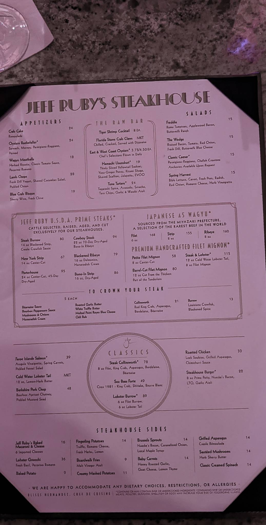 Menu at Jeff Ruby's Steakhouse, Louisville, Louisville