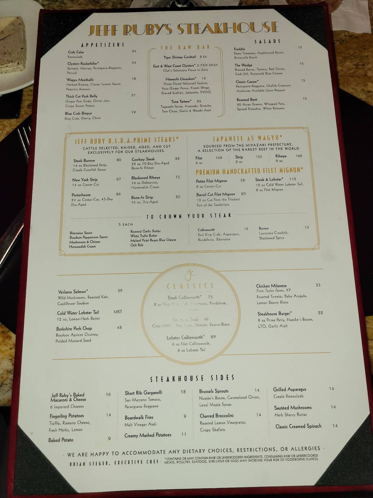 Menu at Jeff Ruby's Steakhouse, Louisville, Louisville